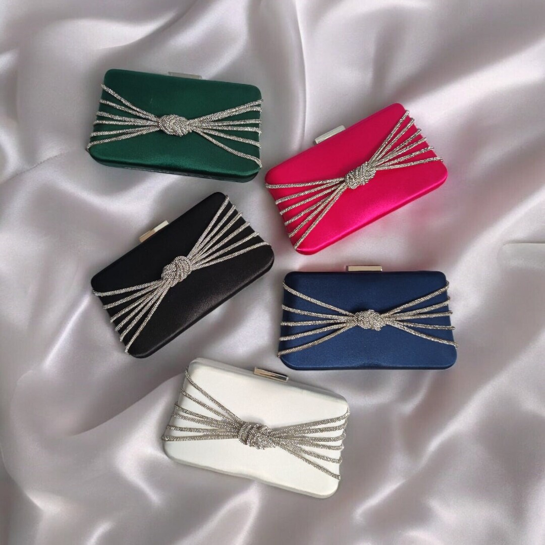Satin Box Clutch Bag With Diamante Knot Detail - Navy, Black, Fuchsia ...