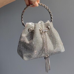 Crystal Rhinestone Mini Chain Drawstring Bucket Bag - Hoop Top Handle ...