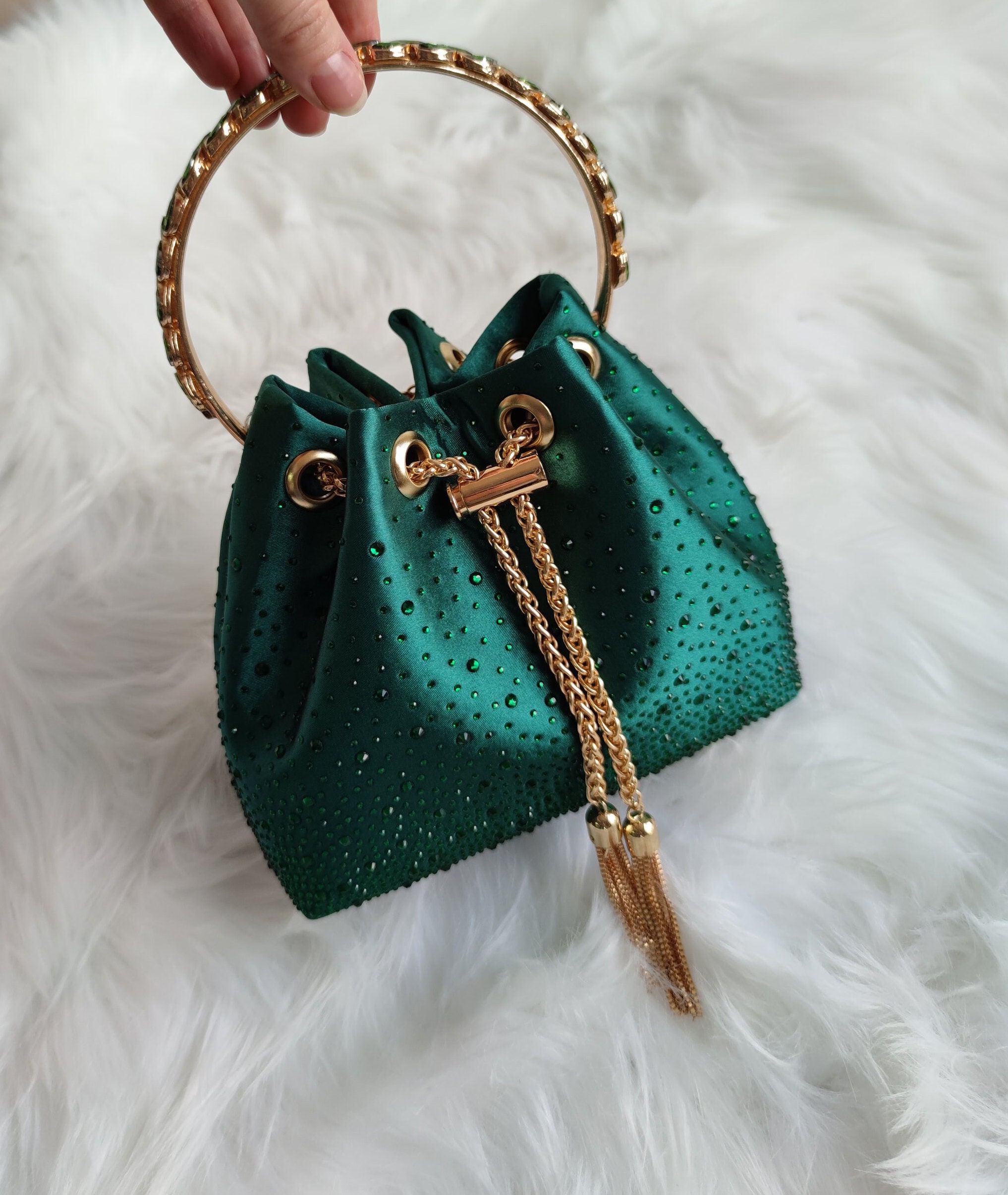 Satin Rhinestone Embellished Top Handle Pouch Bag Evening Bag in Black ...