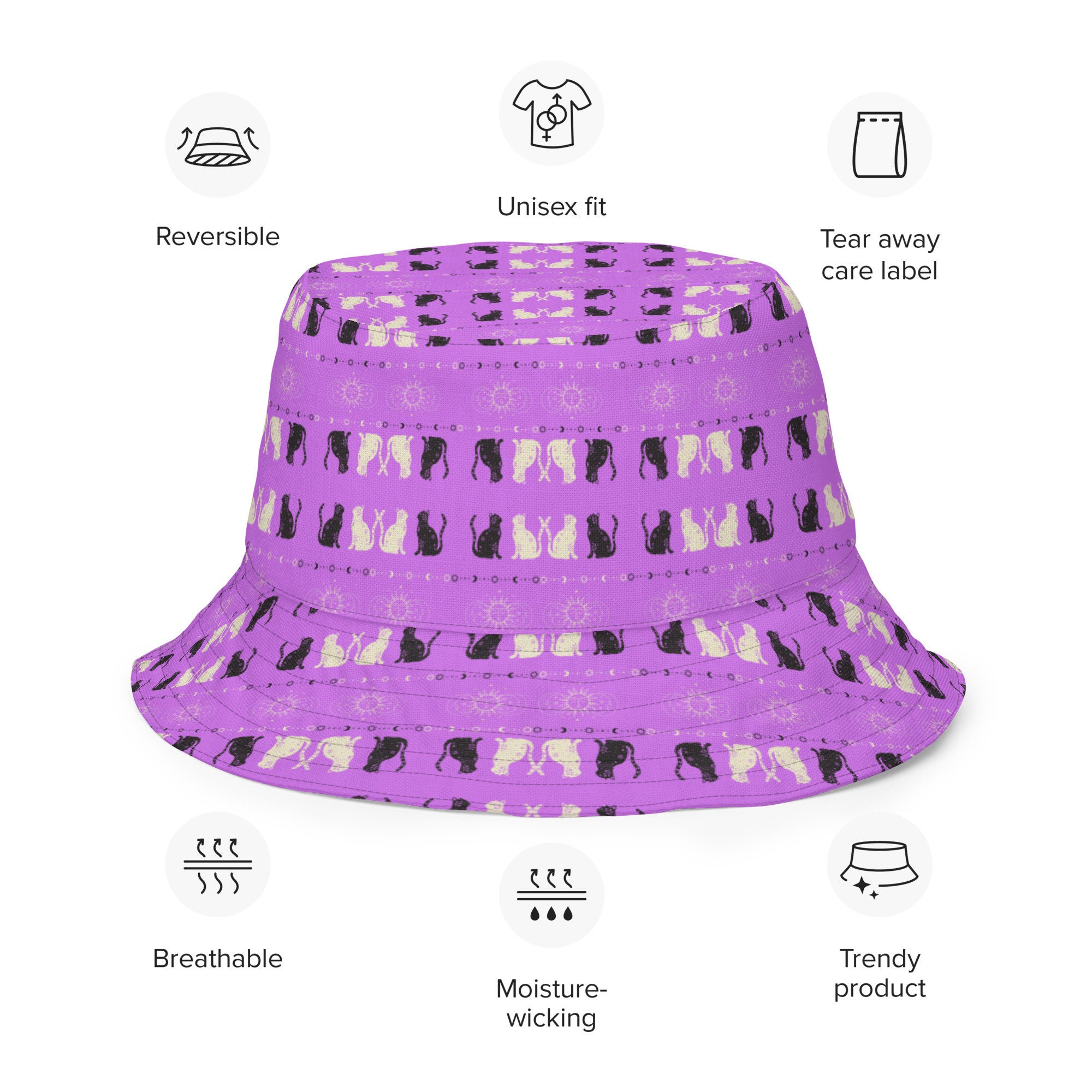 Rave Bucket Hat Sun Moon Cats Festival Trippy Reversible Cats Camping ...