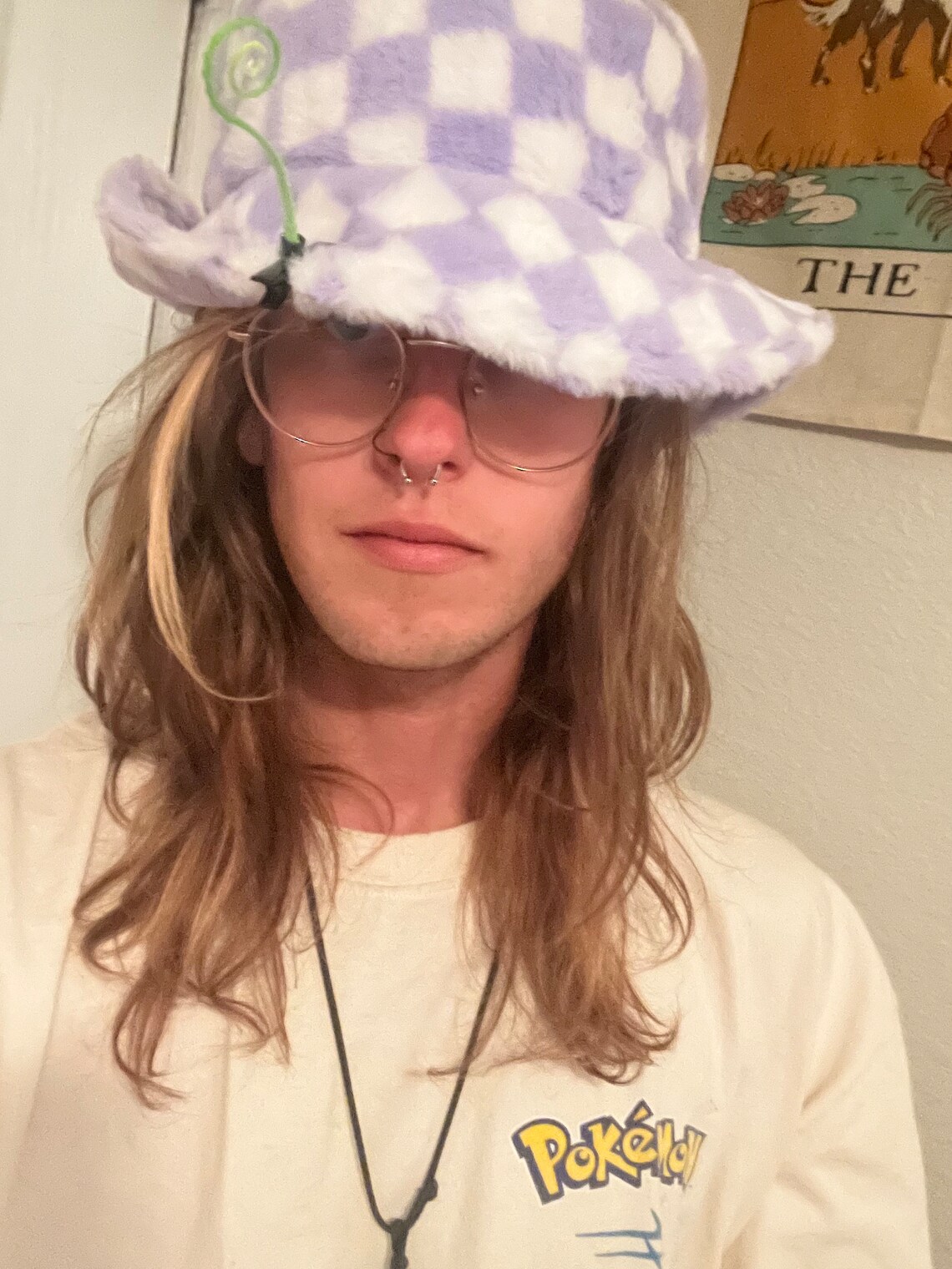 Lavender and White Checkered Fuzzy Bucket Hat Rave Festival Accessory ...