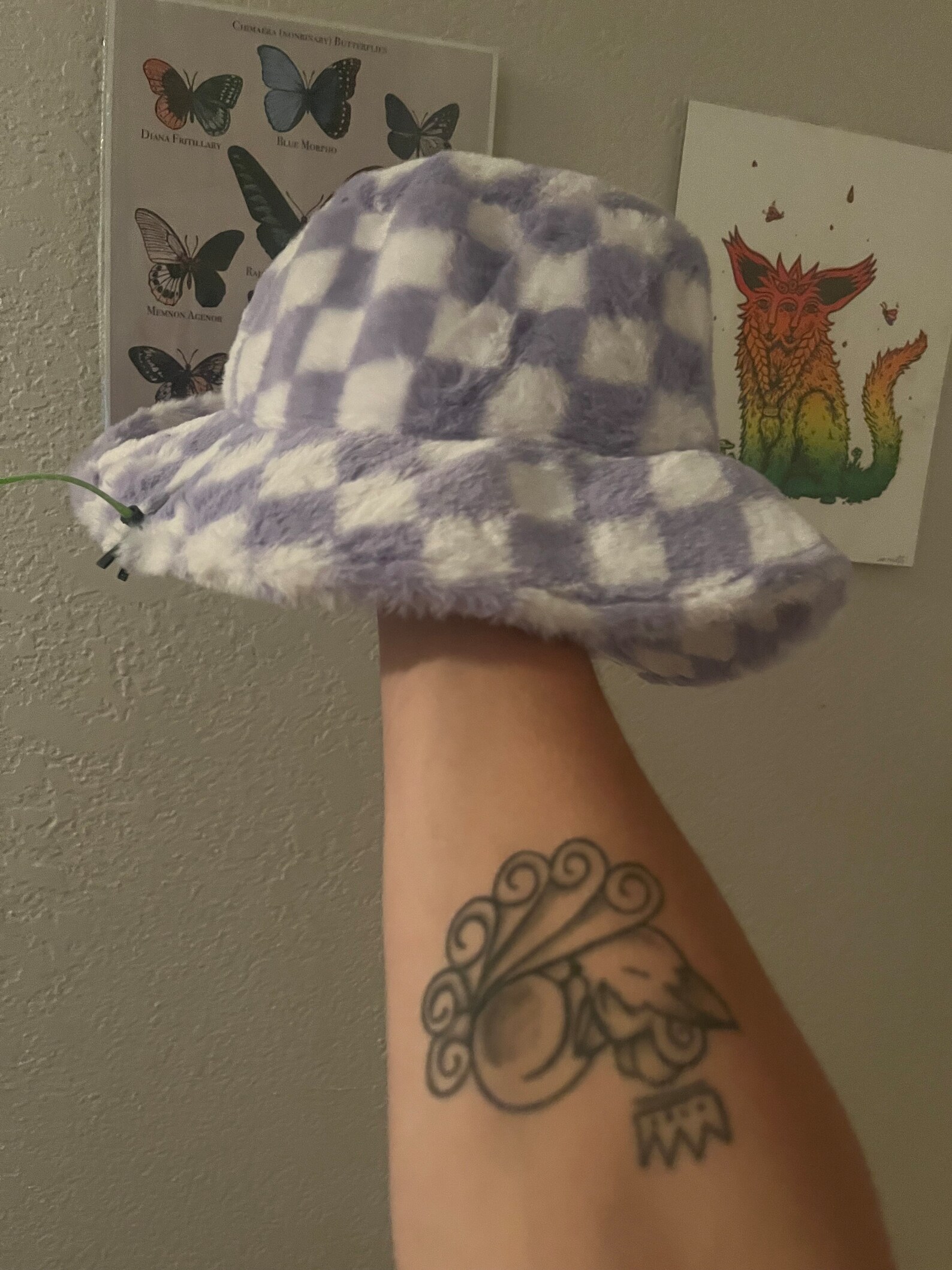 Lavender and White Checkered Fuzzy Bucket Hat Rave Festival Accessory ...
