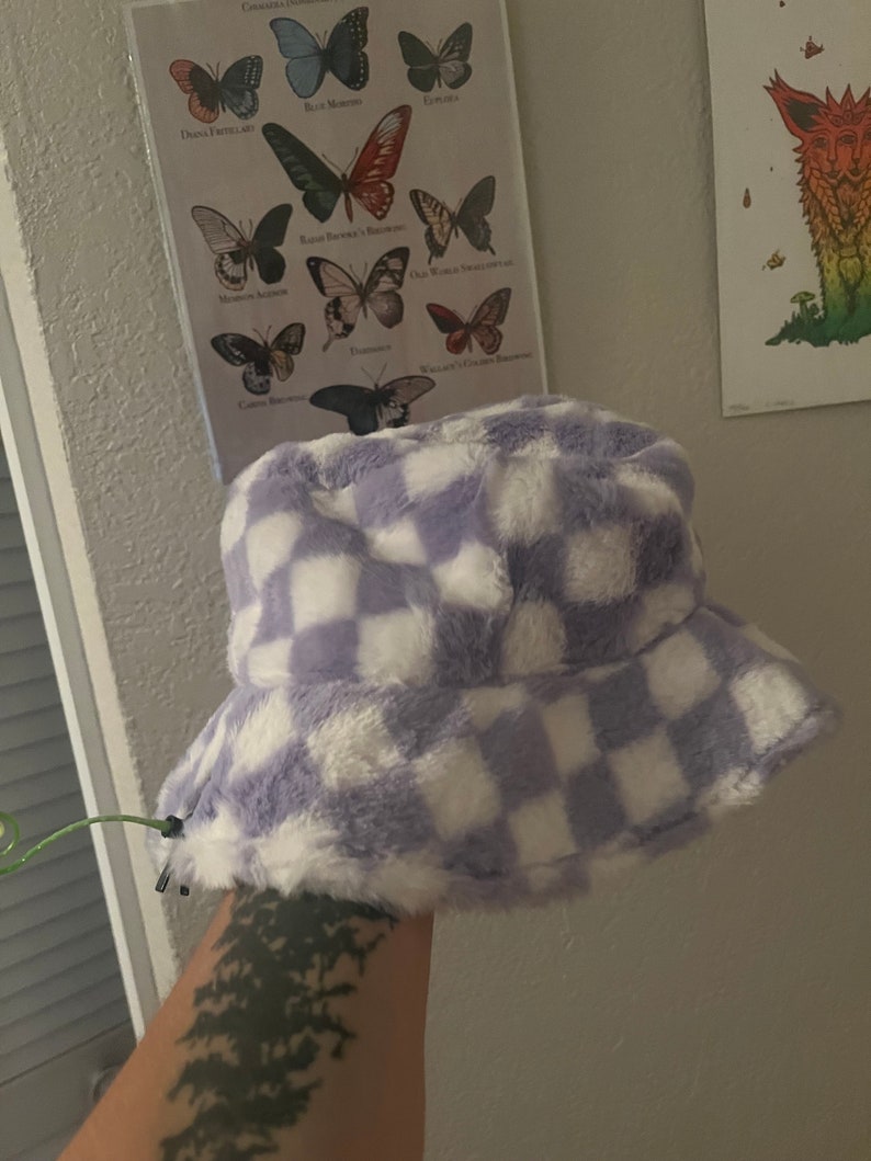 Lavender and White Checkered Fuzzy Bucket Hat Rave Festival Accessory ...