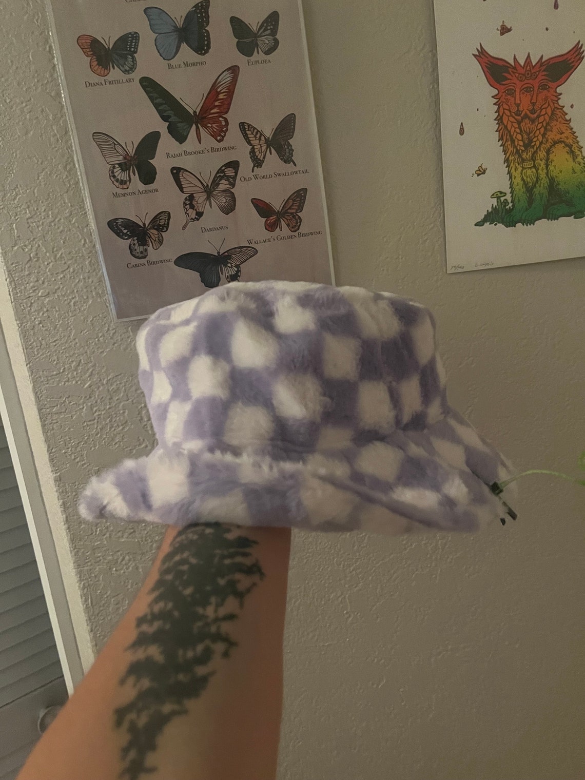 Lavender and White Checkered Fuzzy Bucket Hat Rave Festival Accessory ...