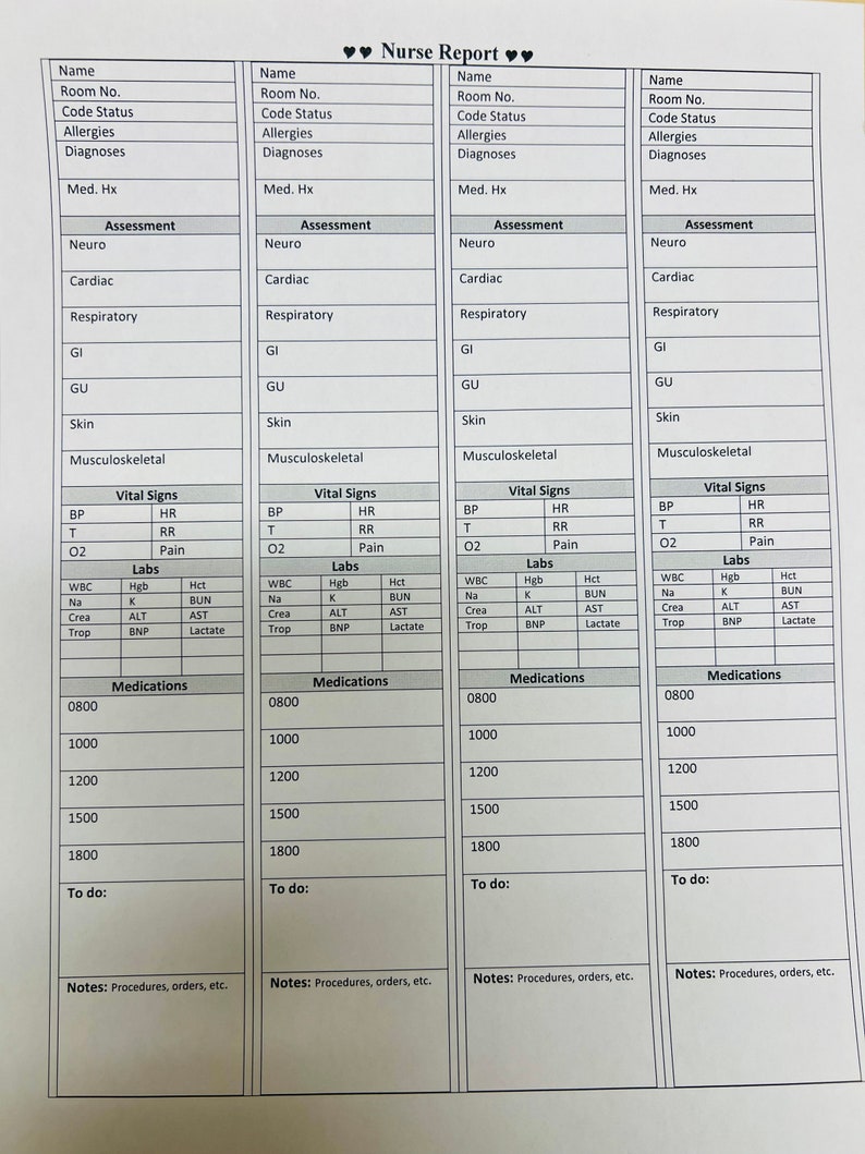 Four Patient Nurse Report Template - Etsy