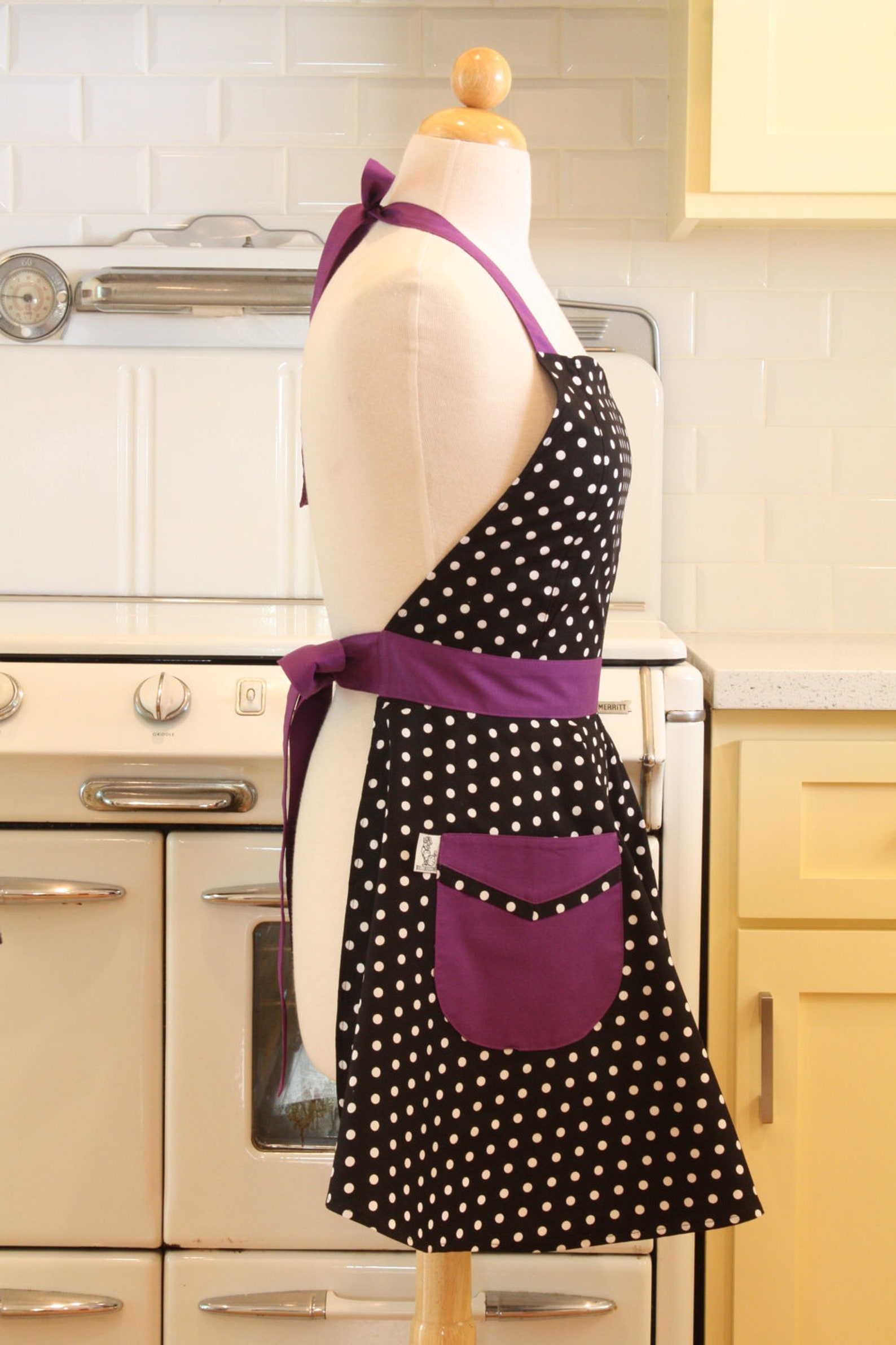 Retro Apron Polka Dot Black White Purple BELLA Full Apron | Etsy
