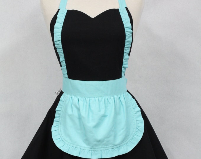 Apron French Maid Solid Black With Aqua Double Circle Skirt Retro Full ...