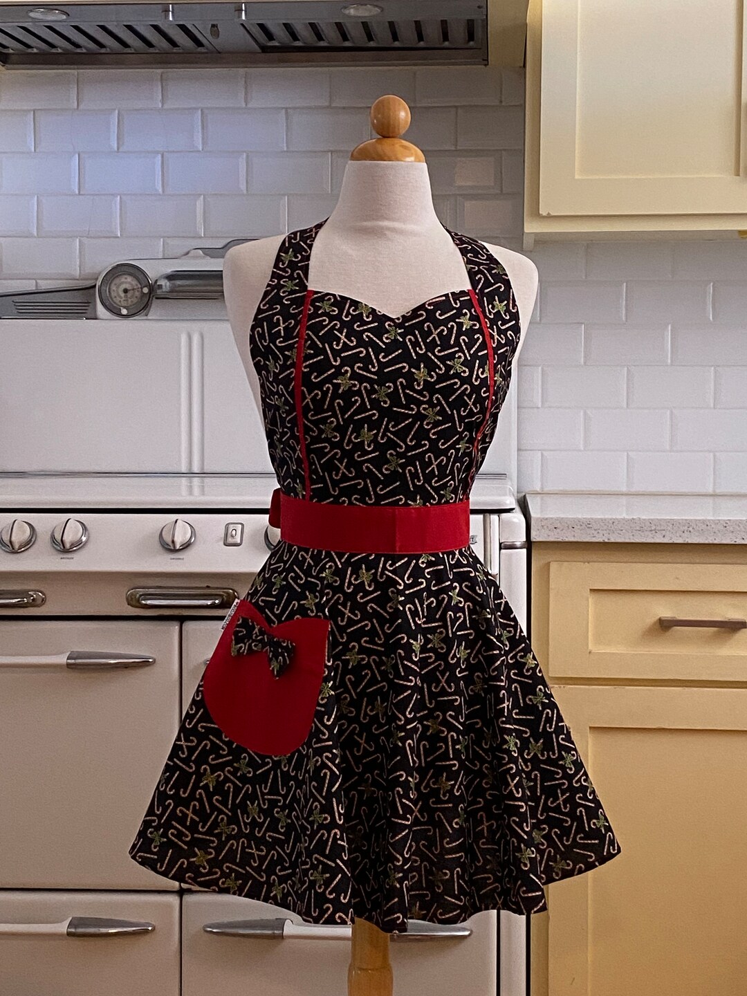 Apron Christmas Candy Canes on Black - MAGGIE Retro Full Apron - Etsy