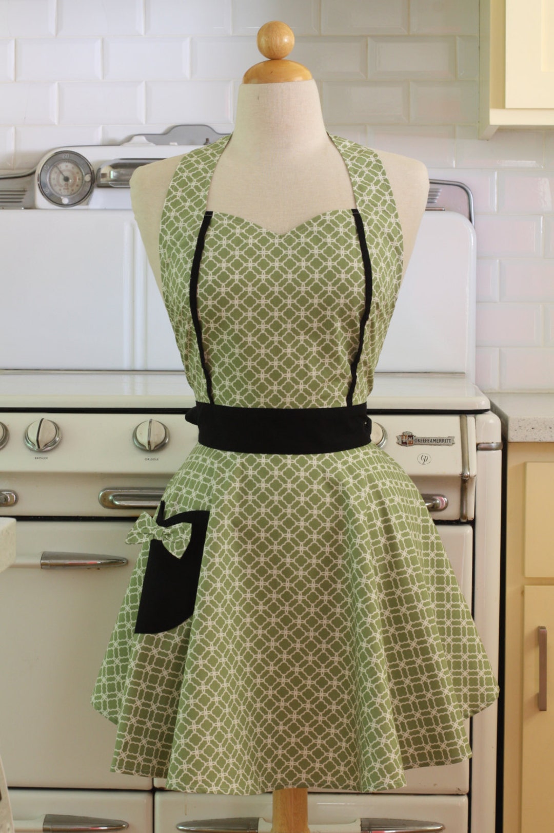 Retro Apron Green and White Deco Tiles With Black MAGGIE - Etsy