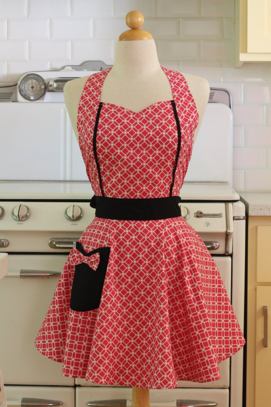 Retro Apron Pink and White Deco Tiles With Black MAGGIE - Etsy
