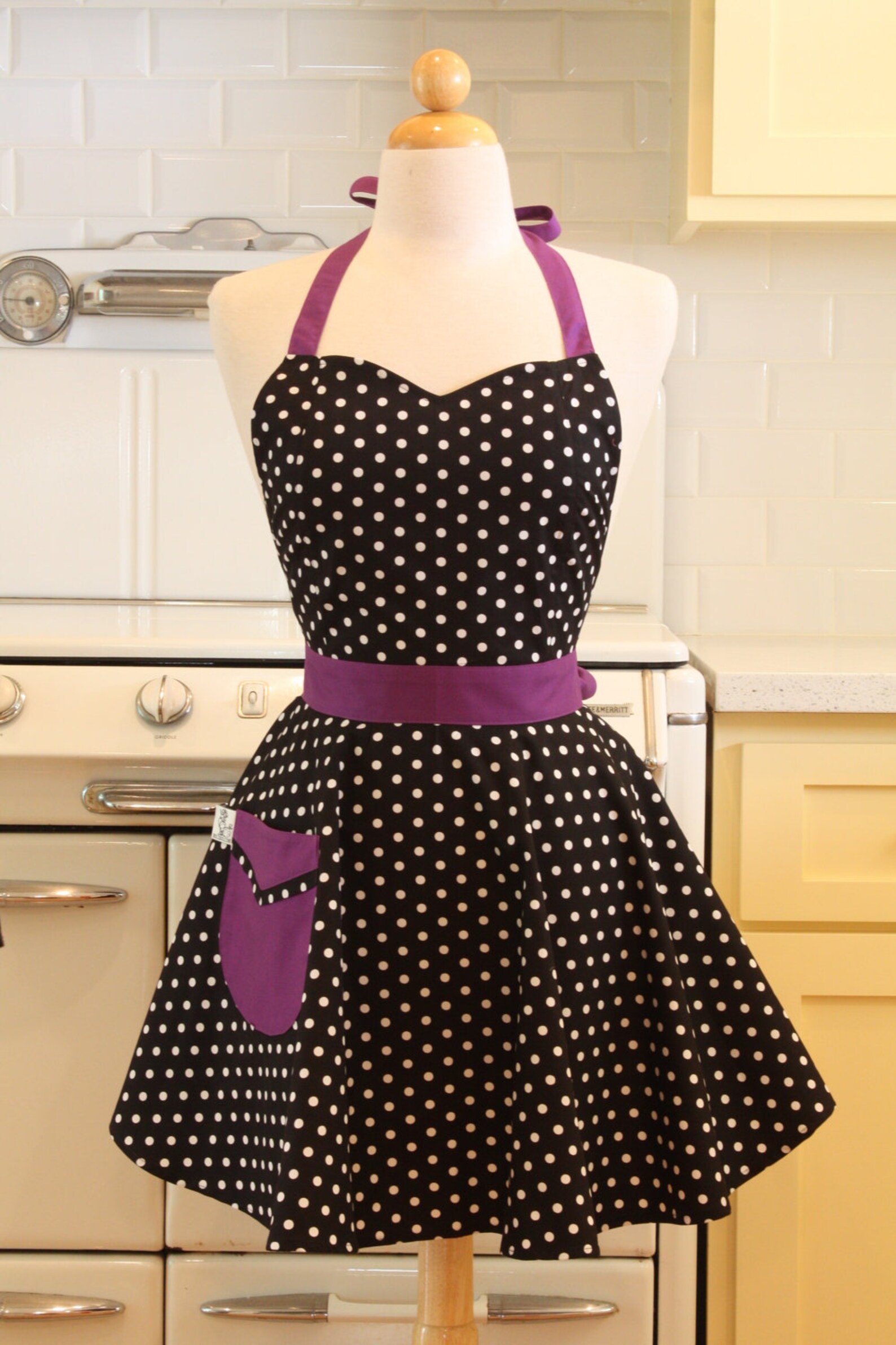 Retro Apron Polka Dot Black White Purple BELLA Full Apron | Etsy