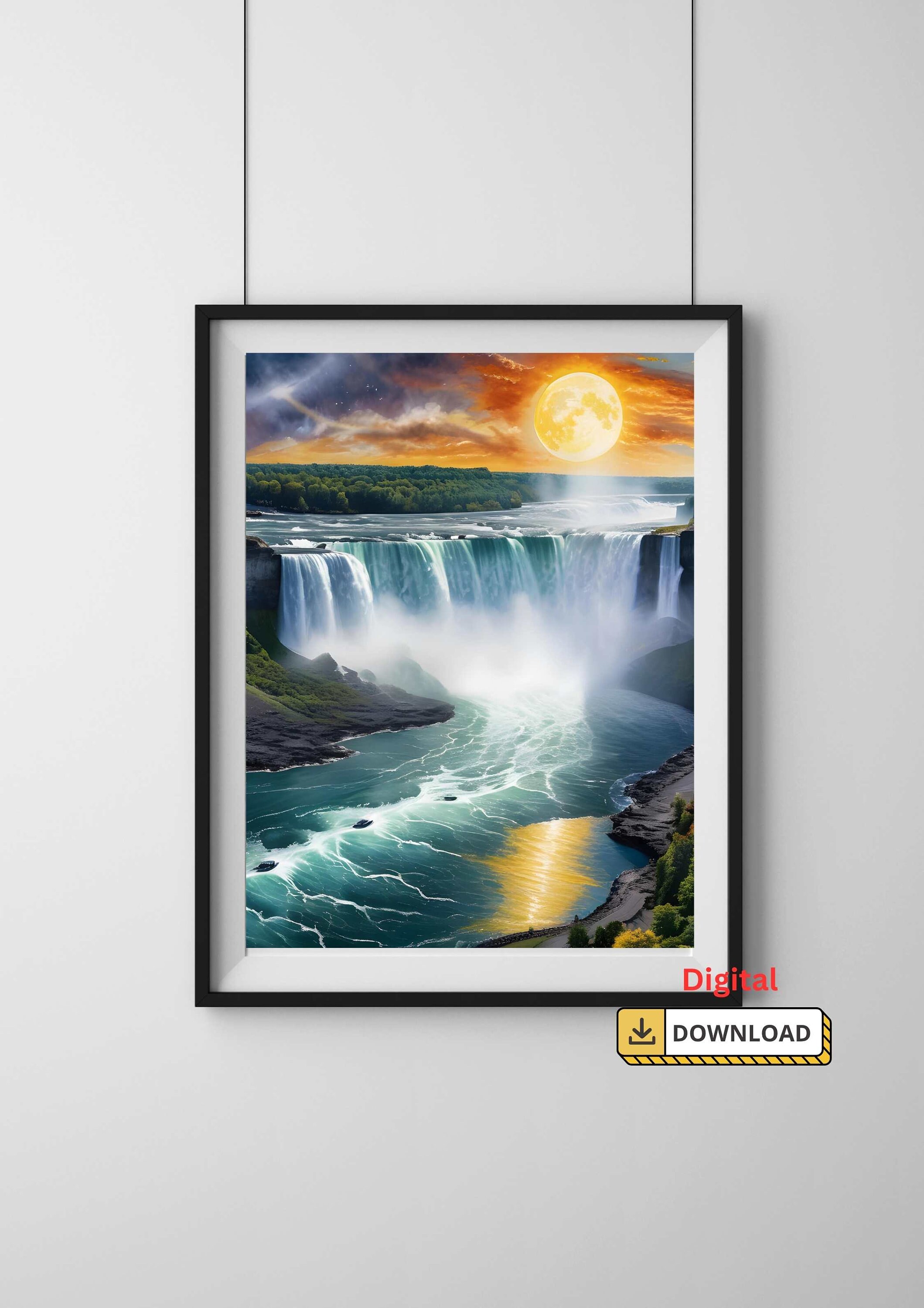 Solar Eclipse Over the Niagara Falls Watercolor Painting, Waterfalls ...