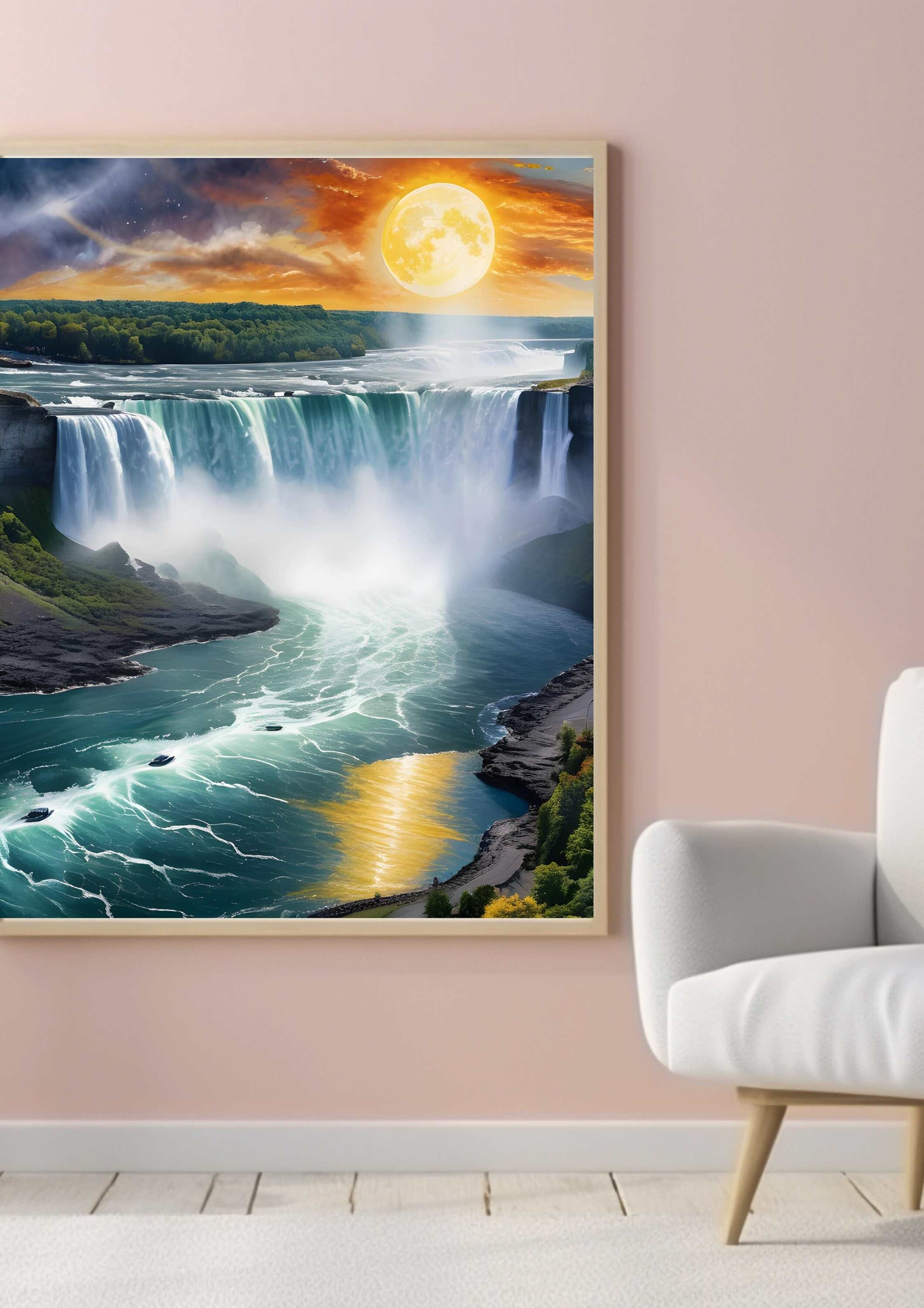 Solar Eclipse Over the Niagara Falls Watercolor Painting, Waterfalls ...