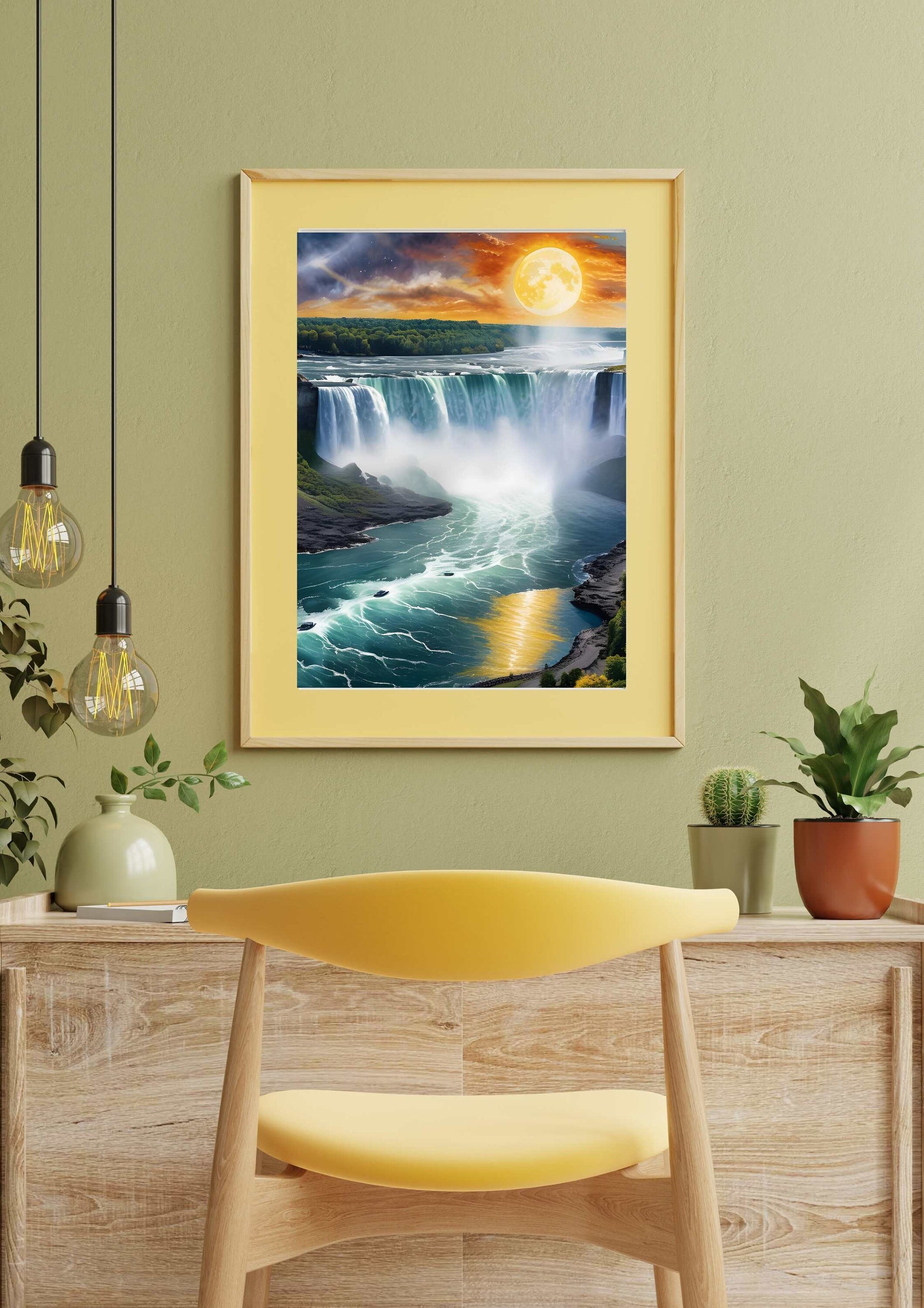 Solar Eclipse Over the Niagara Falls Watercolor Painting, Waterfalls ...