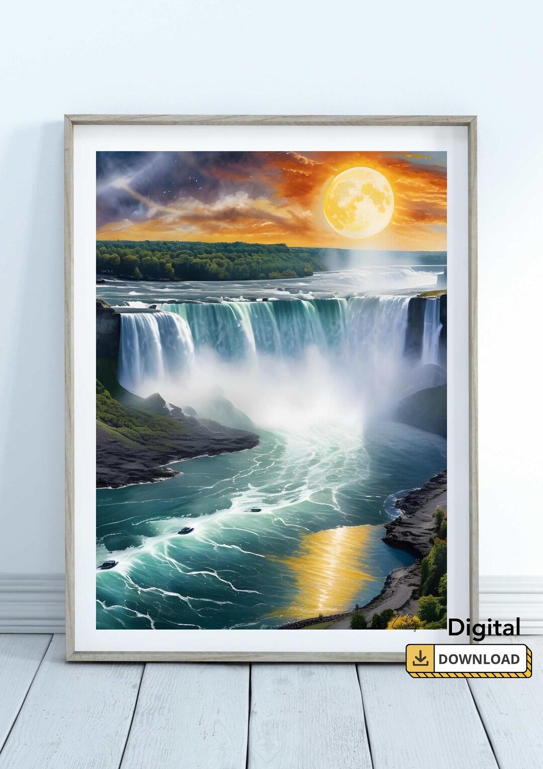 Solar Eclipse Over the Niagara Falls Watercolor Painting, Waterfalls ...