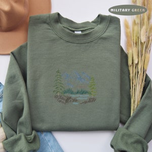 Embroidered Pine Tree Sweatshirt, Pine Tree Crewneck, Camping Sweater ...