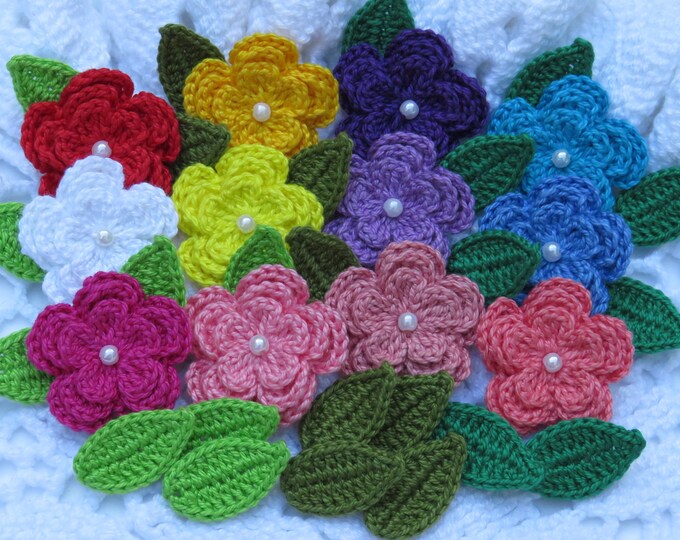 Three Layers Crocheted Flowers & Leaves Appliqué Embellishment Mixed ...