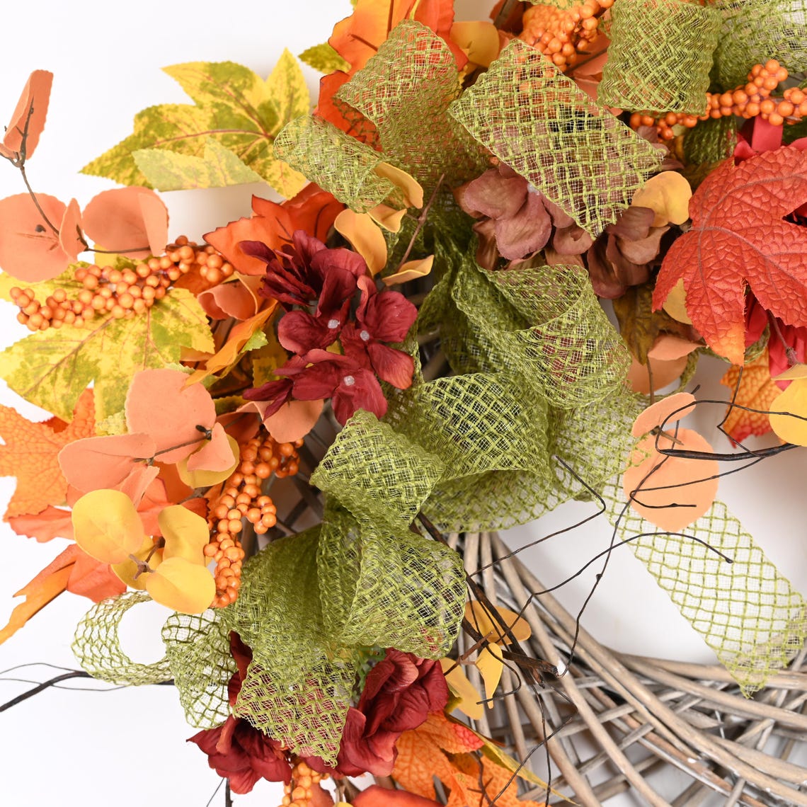 Fall Harvest Leaf and Berry 26-inch Wreath With Green Bow Home Decor ...