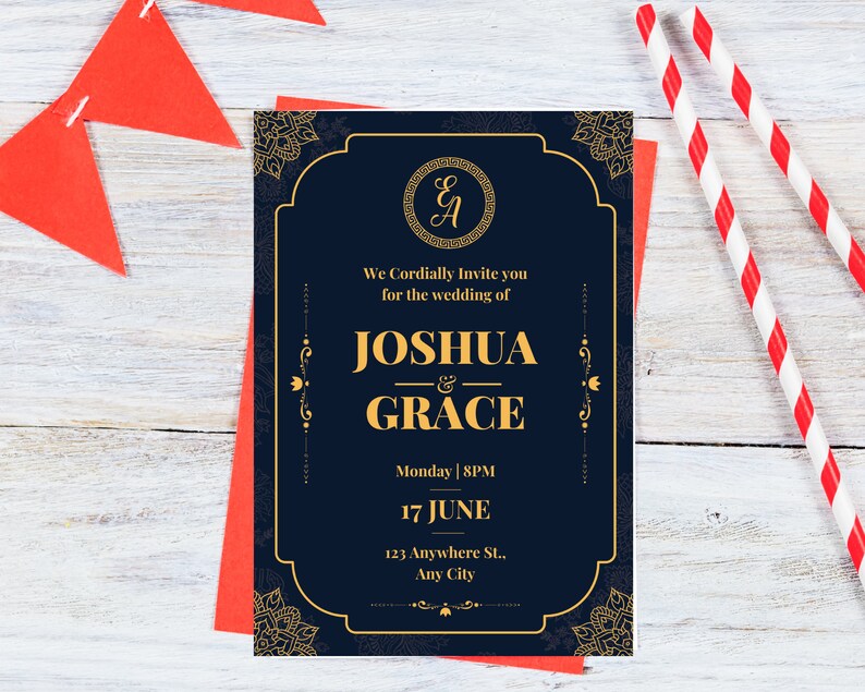 Dark Blue Gold Wedding Invitations, Classic Invitation Suite, Elegant ...