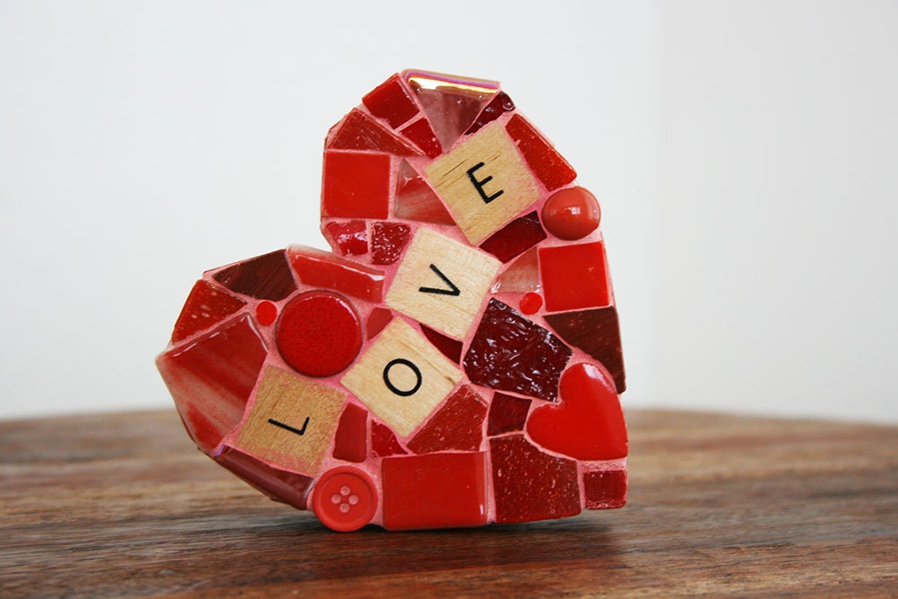 Red Mosaic Heart Paperweight Love Large Mixed Media Glass Xo Hugs ...