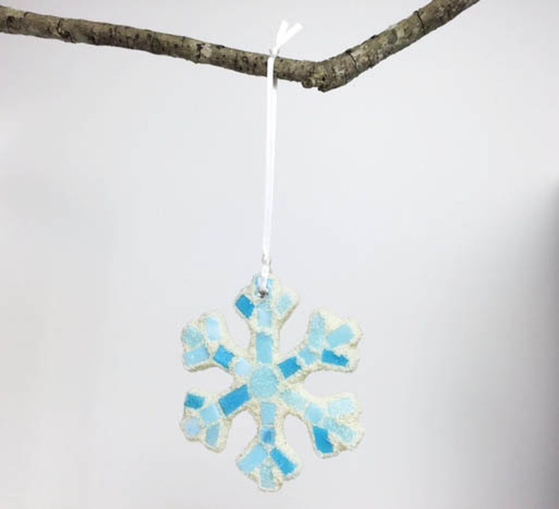 Mosaic Snowflake Ornament Glass Microbeads Light Blue White Snow Winter ...