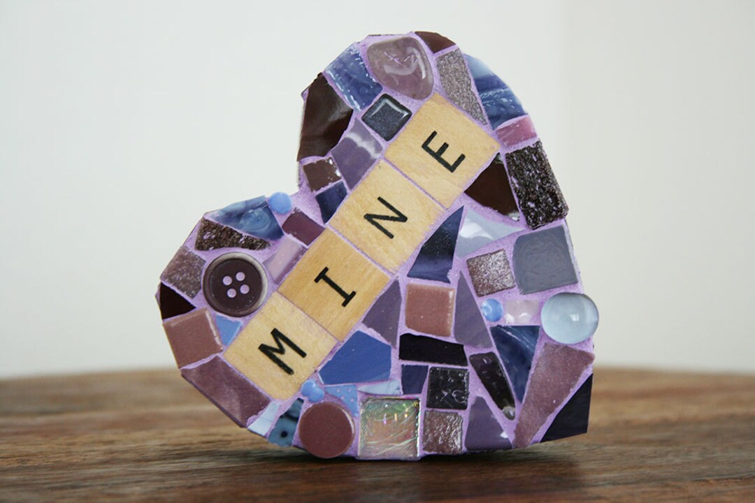 Purple Mosaic Heart Paperweight Large Mixed Media Xo Mine My Hugs Love ...