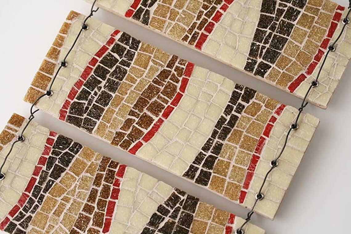 Mosaic Triptych Wave Design Wall Art Hanging Brown Beige Tan Red ...