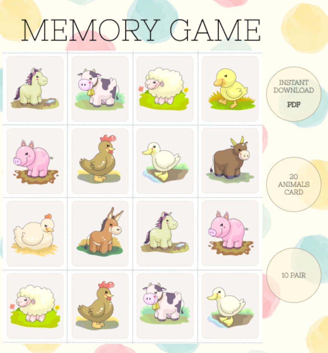 Memory Game Pre-school Printable Game Early Learning Games Cards for ...