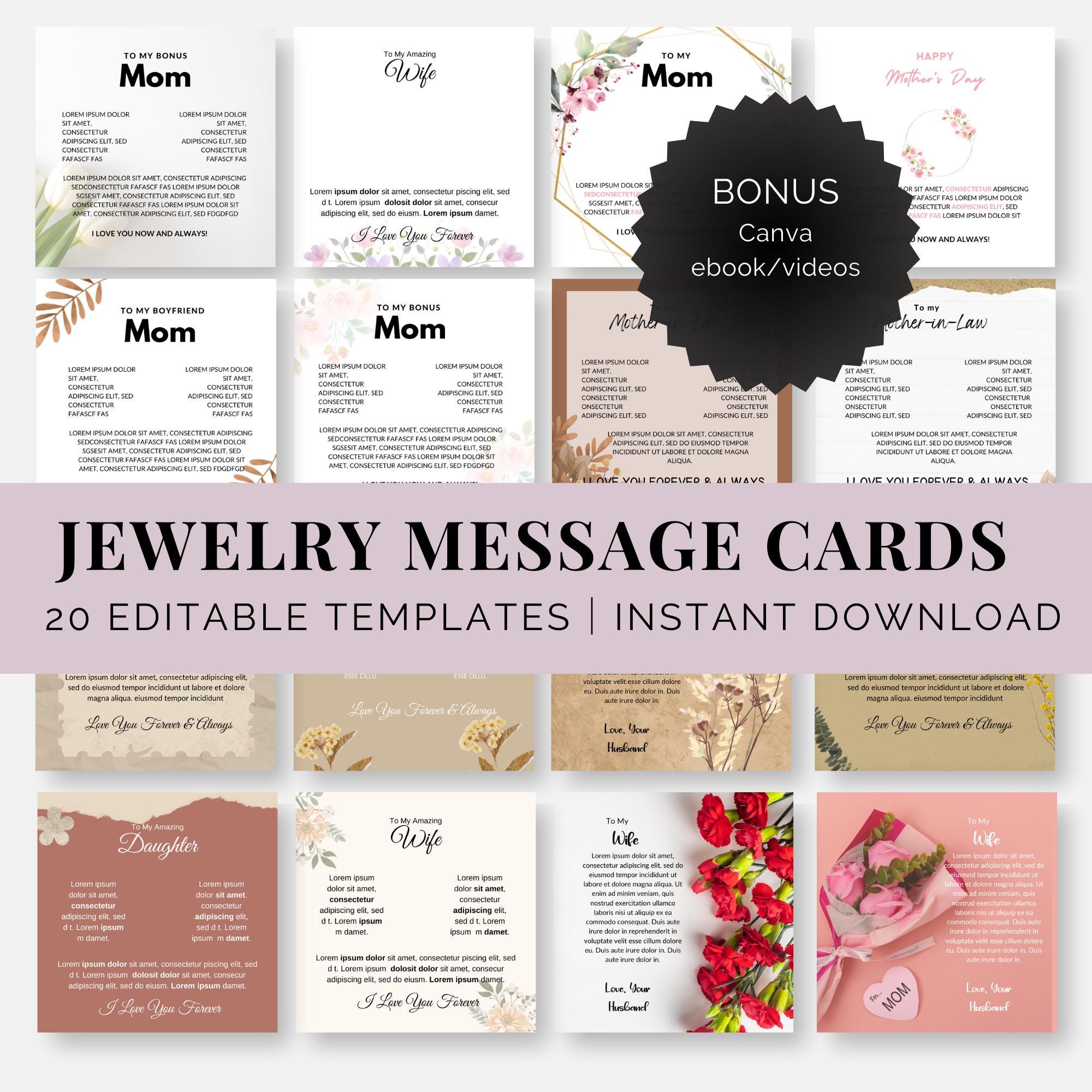 Shineon Message Card Templates for Mom: Canva Jewelry Cards (digital ...