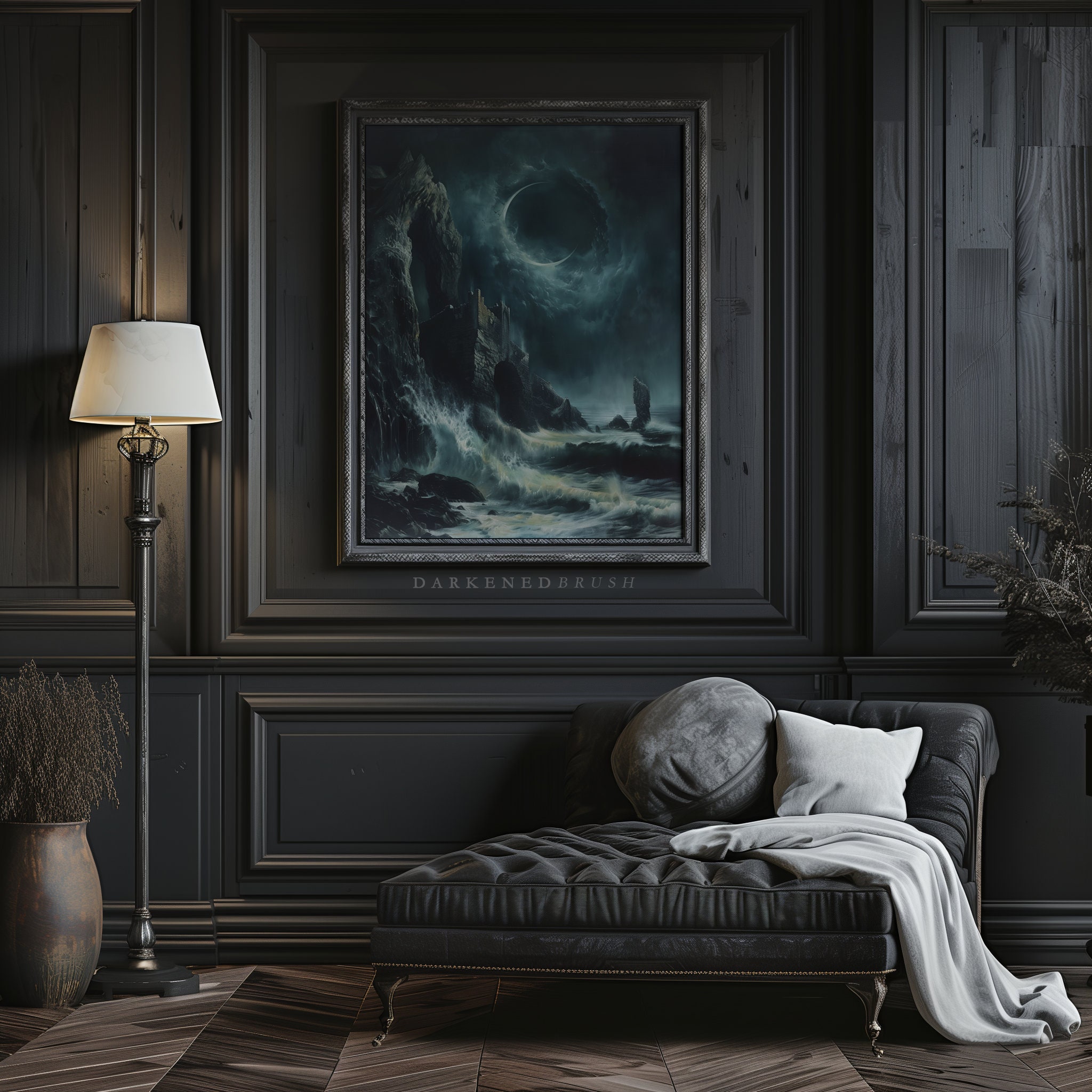 Crescent Moon Dark Sea Art Painting, Coastal Wall Décor, Ocean ...