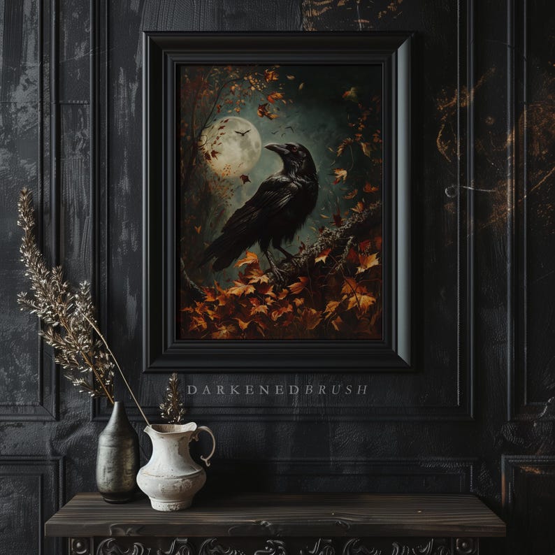 Full Moon Raven in Autumn Art Print, Crow Art, Dark Academia Decor ...
