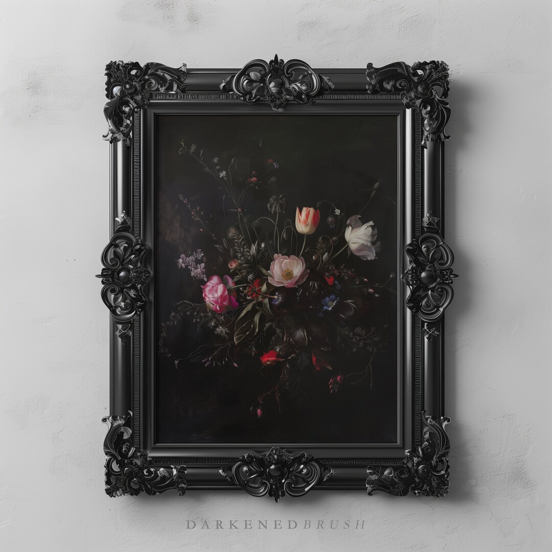Dark Floral Bouquet Art Printable, Dark Botanical Flowers Painting ...