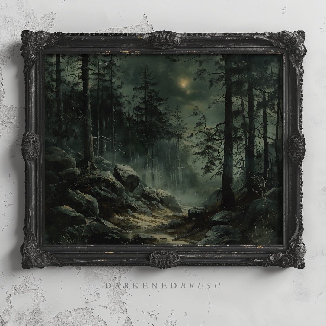Moonlit Dark Forest Painting, Moody Landscape Wall Art, Dark ...