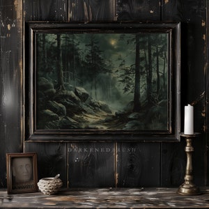 Moonlit Dark Forest Painting, Moody Landscape Wall Art, Dark ...