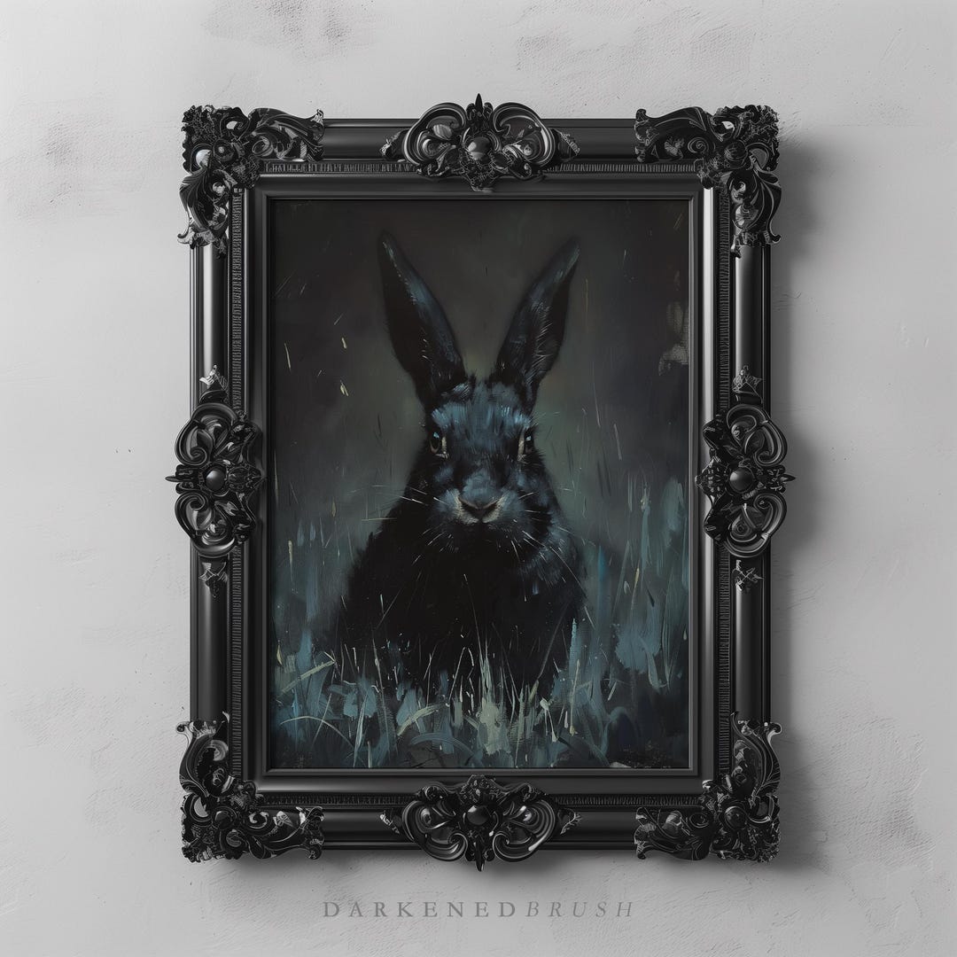 Black Hare in Dark Grass Painting, Dark Cottagecore Gothic Art, Dark ...