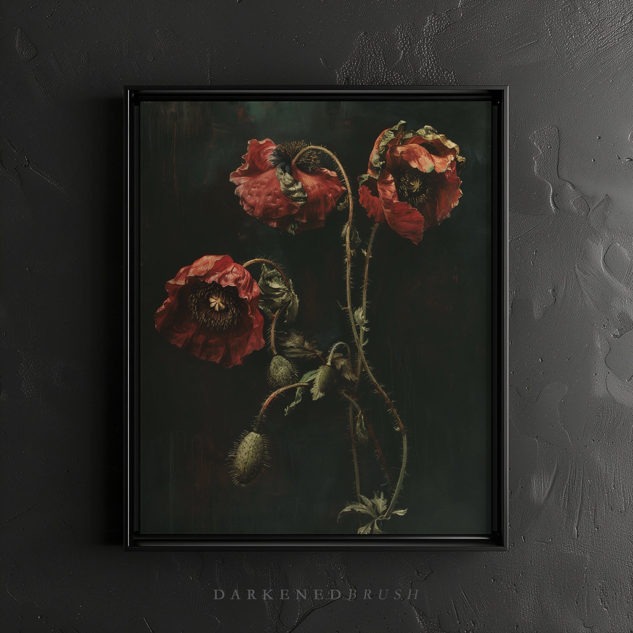 Dark Floral Red Poppy Art, Moody Botanical Antique Flower Oil Painting ...