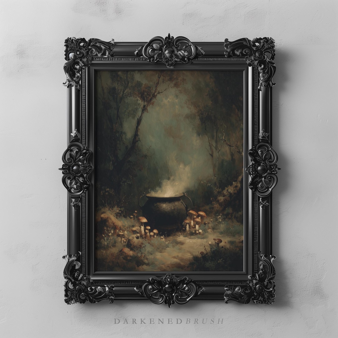 Black Cauldron in Smoky Dark Woodland Forest, Gothic Witchcraft Wall ...