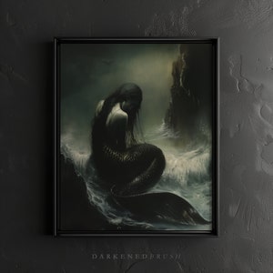 Dark Ocean Mermaid Seascape Art Painting, Dark Fantasy Fairytale Wall ...