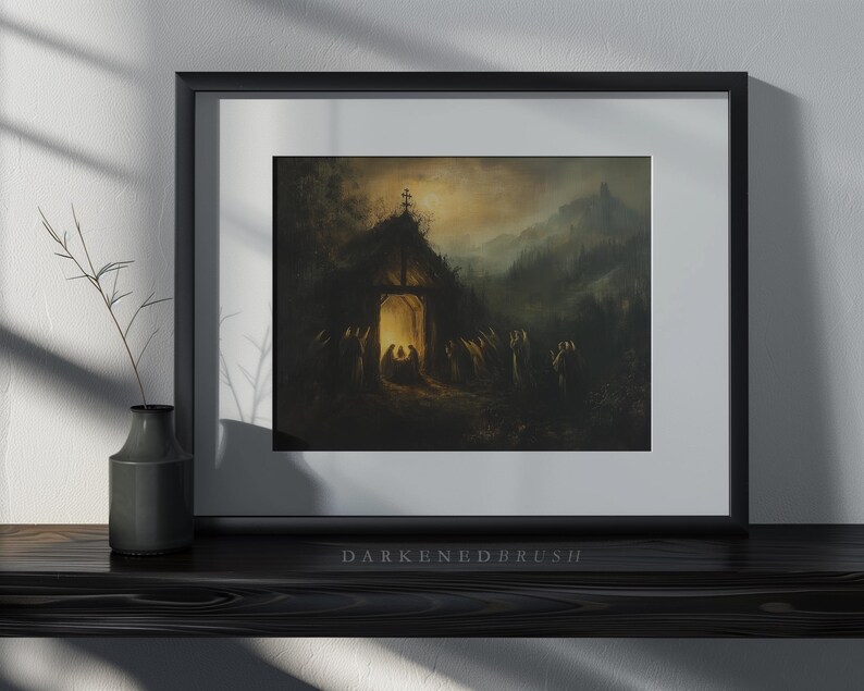 Rustic Gothic Christmas Nativity Setting Art, Angels Christian Digital ...