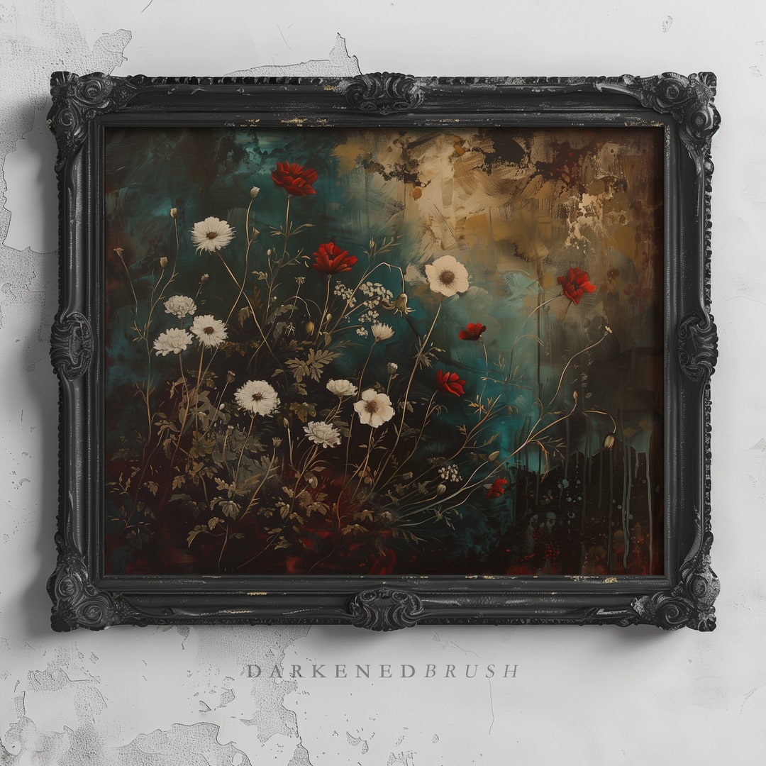 Vintage Moody Botanical Wild Flower Painting Printable, Dark Floral ...
