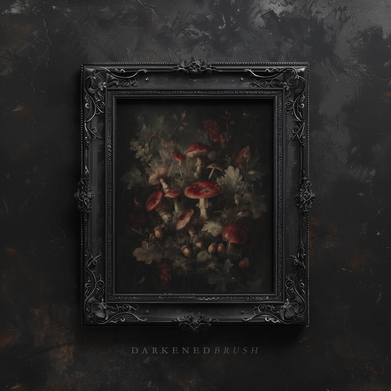 Dark Forest Mushroom Art Print, Moody Fairycore Toadstool Painting With ...