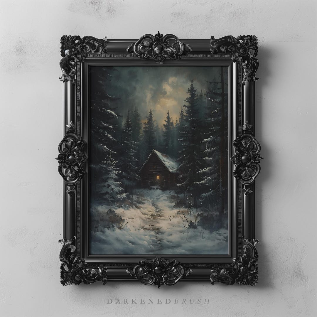 Cabin in Snowy Forest, Dark Cottagecore Winter Art Moody Rustic ...