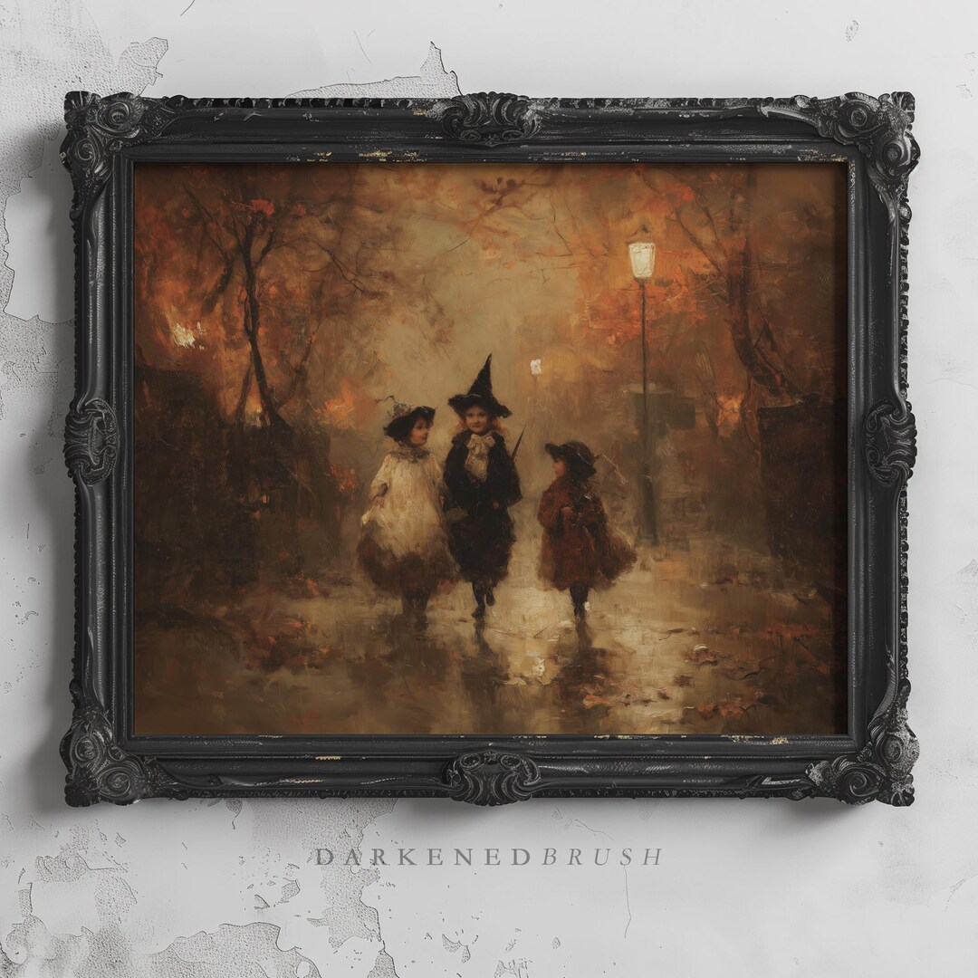 Victorian Witchy Children in Costumes Walking Through Foggy Autumn Park ...