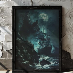 Haunted Ship, Full Moon Gothic Nautical Art, Pirate Ghost Ship Print ...