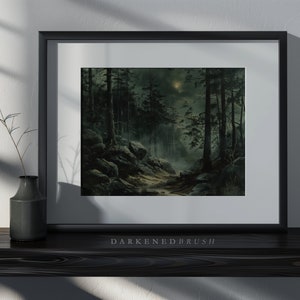 Moonlit Dark Forest Painting, Moody Landscape Wall Art, Dark ...