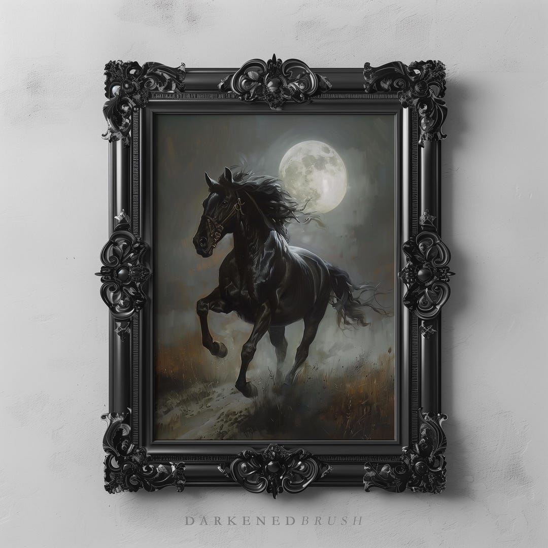 Dark Horse Under Full Moon Gothic Night Art Dark Cottagecore Equestrian ...