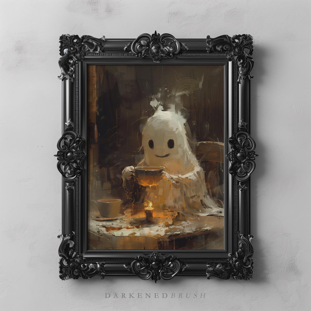 Cozy Cute Ghost Coffee Art Print, Cute Vintage Halloween Art, Dark ...