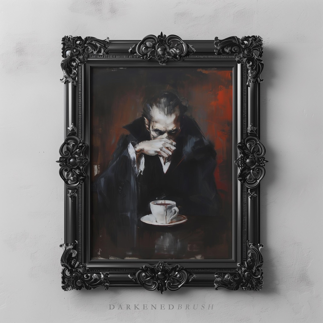 Vampire Drinking Coffee Art Print, Gothic Dark Academia Decor, Horror ...