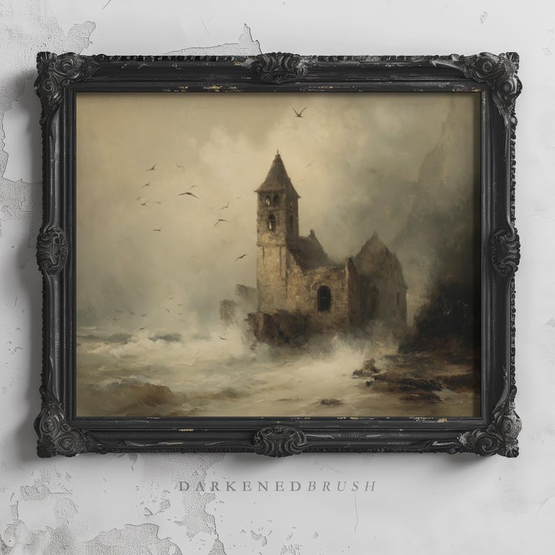 Old Chapel Tower on Stormy Coast Gothic Seaside Nautical Wall Art ...
