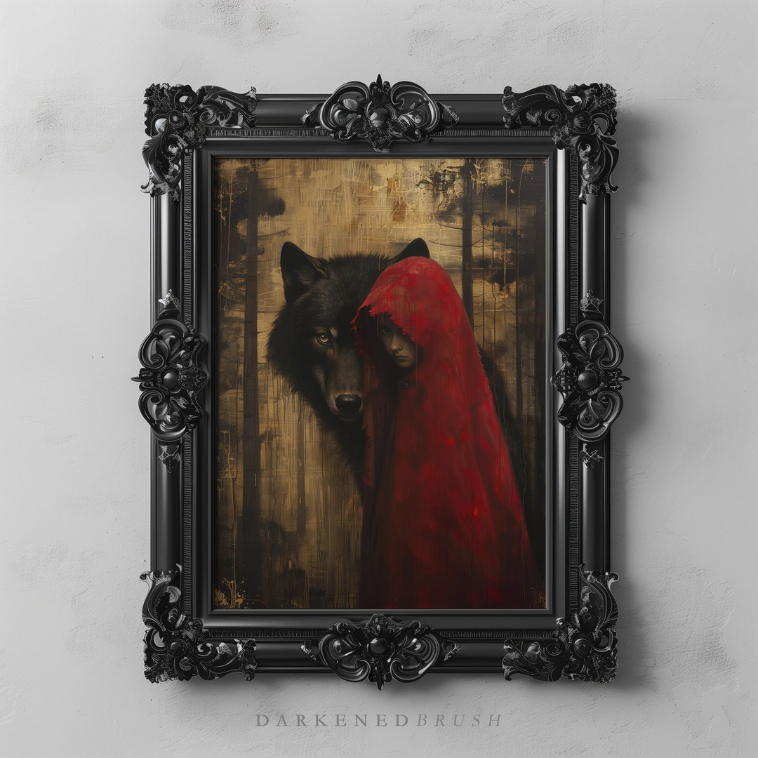 Little Red Riding Hood Black Wolf Art Print, Gothic Folklore Fairy Tale ...